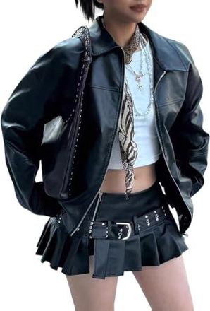 ORANDESIGNE Femme Veste Cuir Automne Blouson Veste Simili Cuir de Moto Fermeture &Eacute;clair Oversize Manteau Streetwear A Noir S