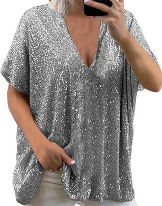 Onsoyours Femmes T-Shirt Manches Chauve Souris Chemise Sweatshirt &Eacute;paules D&eacute;nud&eacute;es Tops Chemisier Manches Longue A Argent&eacute; 46