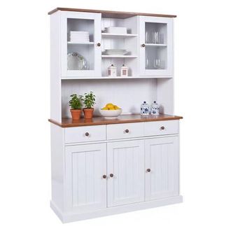 Dmora Sideboard mit drei T&uuml;ren und drei Schubladen mit oberer Vitrine, wei&szlig; mit braunen Details, 131 x 181 x 45 cm