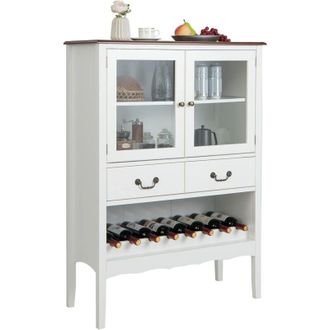 Costway Weinschrank mit 2 Türen, 2 Schubladen aus gehärtetem Glas, Kiefernholz, freistehender Sideboard mit Kippsicherung für Küche, Esszimmer & Wohnzimmer