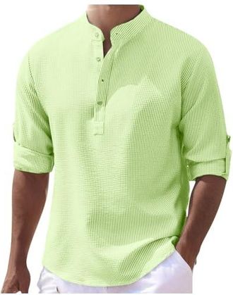 Generic Chemise Col Mao Homme Grande Taille, Blouse Homme Manches Longues,Tee Shirt été Couleur Pure Top Col V de Plage Hauts avec Boutonnée Décontracté Ample