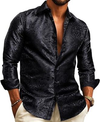 Barry.Wang Chemise habill&eacute;e pour homme en soie cachemire &agrave; manches longues boutonn&eacute;e grande et grande chemise tendance loisirs f&ecirc;te de mariage bal, Imprim&eacute; cache