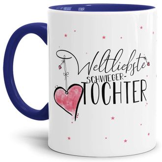 Tassendruck Tasse mit Spruch f&uuml;r die Weltliebste Schwiegertochter - Kaffeetasse/Familie/Geschenk-Idee/Mug/Cup/Innen & Henkel Dunkelblau