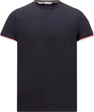 Moncler Homme, Tops, Bleu, Taille: 2XL T-shirt en coton &agrave; bordures tricolores