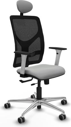Piqueras y Crespo Schreibtischstuhl aus grauem Netzstoff, mit wei&szlig;en und schwarzen Armlehnen, h&ouml;henverstellbare Lendenwirbelst&uuml;tze und festes Kopfteil, ausgestattet mit