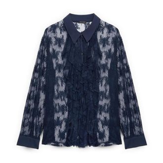Fiorella Rubino Femme, Blouses et Chemises, Bleu, Taille: 52 FR Chemisier en dentelle avec volants