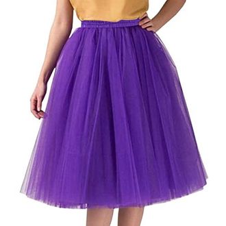 Generic Jupe en tulle pour femme - Taille &eacute;lastique - Jupe d&eacute;t&eacute; &eacute;l&eacute;gante - Couleur unie - Opaque - Jupe en tulle bouffante - Jupe midi rockabilly - Longueur g
