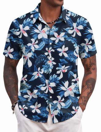 Coofandy Hawaii Hemd M&auml;nner Kurzarm Hemd Sommerhemd Strandhemd Kurzarmhemd Herrenhemden Kurzarm Blumenmuster Hemden Regular Fit Hawaiihemd Marineblau & Lilie X