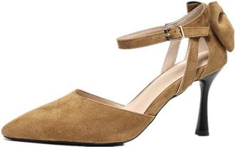 Generic Escarpins &agrave; talons hauts pour femme - Bout pointu - Sangle de cheville - Boucle - Noeud d&eacute;coratif - Confortables - Pour mariage et soir&eacute;e, camel, 40.5