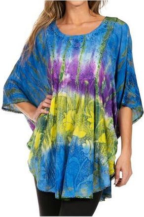 Sakkas 14031 - Ellesa Ombre Cravate Dye Circle Poncho Blouse Chemise avec Broderie de Paillettes - Bleu - OS