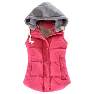 Generic Gilet sans manches matelass&eacute; chaud pour femme, doudoune &eacute;paisse sans manches avec capuche amovible, rose rouge, taille 6XL