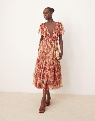 Lace & Beads Linvitée - Madison - Robe mi-longue en tulle à col V et imprimé roses-Multicolore