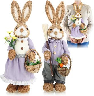 Com-Four 2X XL Stroh Osterhase handgemacht - 44 cm Deko-Osterhase zur Osterdekoration - Strohfiguren für Ostern - Deko-Hase aus Stroh - handgefertigte Hasen (0