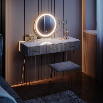 Vicco Coiffeuse Layla, Gris/Blanc, 100 cm avec &eacute;clairage LED et Tabouret