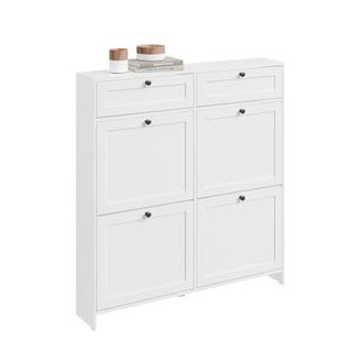 SoBuy Meuble à Chaussures Entrée, Meuble Chaussures avec 2 Tiroirs et 4 Portes Rabattables, Rangement Pratique pour 12 Paires de Chaussures, Blanc, MDF E1, 