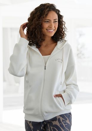Lascana Kapuzensweatjacke LASCANA, Damen, Gr. 32/34, beige, Sweatware, Obermaterial: 60% Baumwolle, 40% Polyester, bestickt, unifarben, bequem h&uuml;ftbedeckend, 