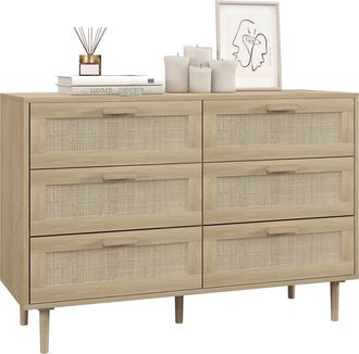 HOMCOM 6 Schubladen Kommode mit Rattanfront, Schlafzimmer Kommode mit Holzbeinen, für Wohnzimmer, Büro, Bohemian Style, 110x40x75 cm, Eiche