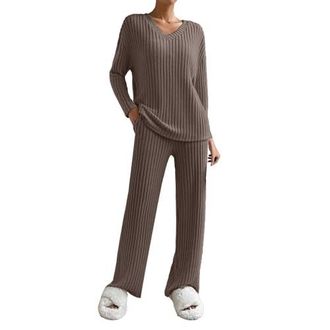 Generic Combinaison &eacute;l&eacute;gante dhiver pour femme - Pyjama long 2024 - Ensemble de pyjama en coton - Manches longues - Ensemble de yoga tricot&eacute; avec v&ecirc;tements de