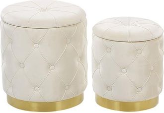 Beliani Lot 2 Poufs Coffres de Rangement en Velours Blanc Capitonn&eacute; et Base en Acier Dor&eacute; pour Chambre ou Salon au Design Glamour et Vintage Beliani