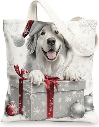 Generic Sac fourre-tout en toile motif chien des Pyr&eacute;n&eacute;es de No&euml;l 33 x 38 cm, cadeau de No&euml;l de luxe, sac d&eacute;picerie r&eacute;utilisable pour femme, peinture danimaux