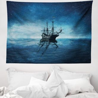 Abakuhaus Piratenschiff Wandteppich, Schiff auf dunklem Nachtmeer Sternenhimmel Wasserreflexion, aus Weiches Mikrofaser Stoff Wand Dekoration Für Schlafzimmer, 