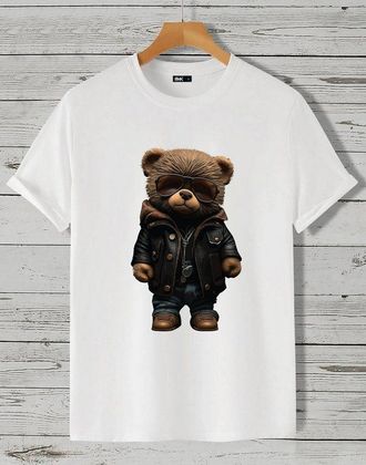 rmk T-Shirt Herren Shirt Rundhals Basic Druck (Teddybär Sonnenbrille Lederjacke) aus Baumwolle