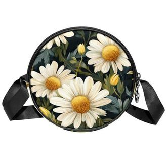 Generic Sac &agrave; bandouli&egrave;re Circle pour femme, petit sac &agrave; bandouli&egrave;re blanc marguerite avec fermeture &eacute;clair, bretelles r&eacute;glables, sac &agrave; main rond d&eacute;contract&eacute; 