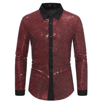 Generic DASONLUE Chemise de loisirs pour homme - Coupe ajustée - Chemise à paillettes boutonnée - Chemise à col montant - Brillante métallique - Chemise de lo