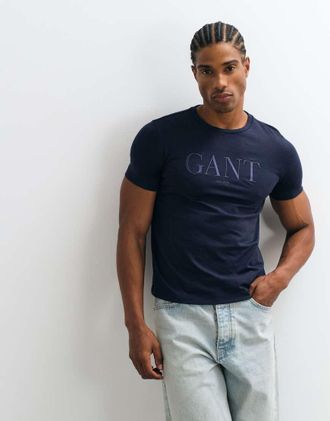 GANT T-Shirt mit tonalem Brustschriftzug-Logo in Marineblau