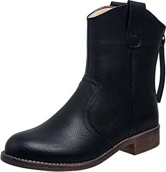 Generic Bottes mi-mollet larges pour femme - Talon bas et &eacute;pais - Bout pointu - Confortables - Vintage - Antid&eacute;rapantes - Bottes occidentales &agrave; enfiler, Noir,