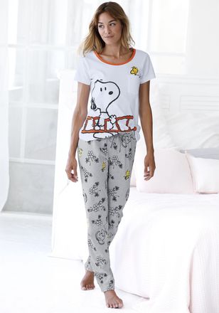 Peanuts Pyjama PEANUTS, Damen, Gr. 32/34, grau (wei&szlig;, grau), Single Jersey, Obermaterial: 100% Baumwolle, animal-print, bedruckt, Basic, bequem lang, Rundhals