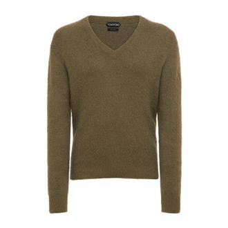Tom Ford Olivgr&uuml;ner Pullover mit V-Ausschnitt - - Knitwear - Herren - Braun - S