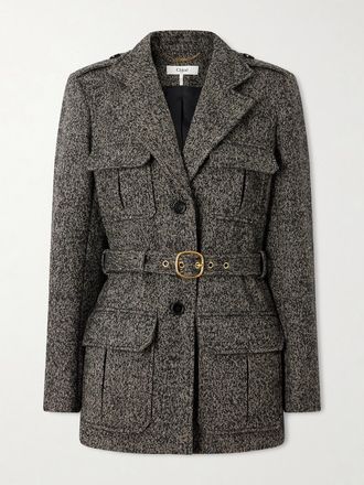 Chlo&eacute; Jacke Aus Einer Wollmischung Mit Fischgratmuster Und G&uuml;rtel - Braun