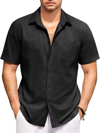 Coofandy Chemise Homme Manches Courtes Chemise Coton Chemise Été Plage Chemises Décontractée avec Poche Poitrine Coupe Régulière Noir XL