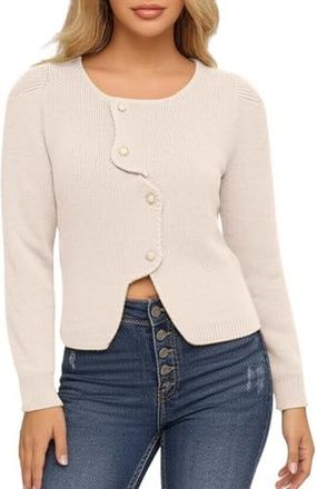 Generico Cardigan léger avec boutons en perle et col rond Veste élégante et ludique pour lautomne Veste courte en tricot pour femme avec boutonnage asymétrique