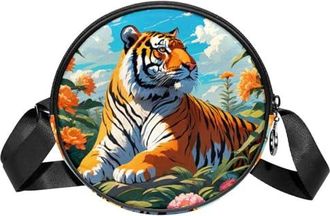 Generic Petit sac &agrave; bandouli&egrave;re rond pour femme, motif fleur de tigre, sac &agrave; dos avec fermeture &eacute;clair, bretelles r&eacute;glables, sac &agrave; main rond d&eacute;contract&eacute; pour 