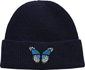 Generic Bonnet tricoté doublé pour femme - Bonnet thermique brodé - Motif papillon - Chaud - Crochet dhiver - Bonnet de ski tricoté, bleu marine, Taille uniqu