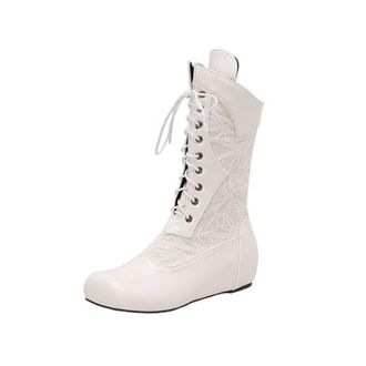 Generic Bottes mi-mollet pour femme - Talon plat - Style d&eacute;contract&eacute; - Style r&eacute;tro - Confortable - &Agrave; lacets - Avec augmentation interne, blanc, 37.5 EU