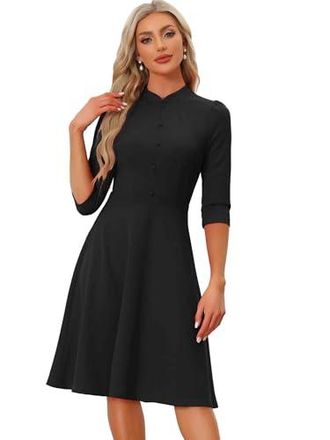Allegra K Robes Fourreau pour Femmes Manches 3/4 Col Montant &eacute;l&eacute;gante Robe Trap&egrave;ze daffaires Noir M