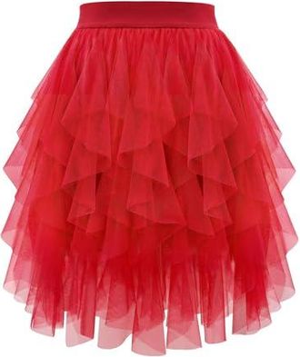 Generic Jupe midi pour femme, jupe trap&egrave;ze, jupe superpos&eacute;e en maille, taille haute &eacute;lastique, jupes dHalloween en cuir synth&eacute;tique, rouge, L