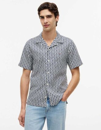 Tommy Hilfiger Kurz&auml;rmliges, gemustertes Regular-Fit-Hemd aus Leinenmix in Blau-Bunt