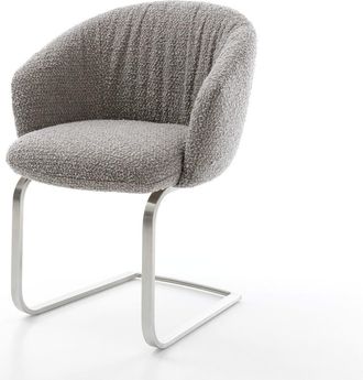 DELIFE Freischwinger Caja-Flex mit Armlehnen Bouclé Silbergrau Freischwinger flach Edelstahl Taschenfederkern, Esszimmerstühle