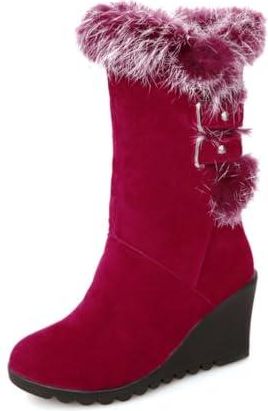 Generic Bottes Mi-Mollet pour Femme Bord&eacute;es De Fausse Fourrure avec Bride Boucle Talons Compens&eacute;s Dessus en Daim Bout Rond &Agrave; Enfiler Chaussures Hiver D&eacute;contra
