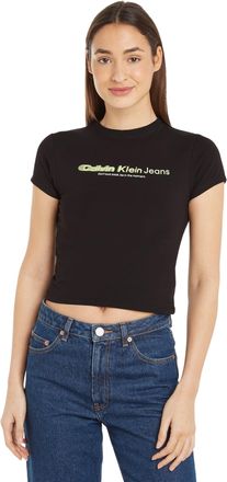 Calvin Klein Jeans Damen T-Shirt Kurzarm Slogan Fitted Tee Stretch, Schwarz (Ck Black), XS