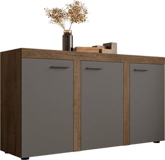 Mirjan24 Kommode Rango 3F mit 3 Türen, Highboard, Anrichte, Sideboard, Mehrzweckschrank, Naturtöne, Wohnzimmerschrank, Anrichte, Schrank (Lefkas Eiche/Graphit)