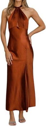 Generic Robe de cocktail en satin pour femme - Robe de soir&eacute;e &eacute;l&eacute;gante &agrave; col long fendue pour d&icirc;ner, f&ecirc;te, soir&eacute;e, printemps et &eacute;t&eacute;, marron, XL