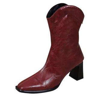 Generic Bottes de cowboy pour femme - Bottes western d&eacute;contract&eacute;es &agrave; bout carr&eacute; - Fermeture &eacute;clair dans le dos - &Eacute;l&eacute;gantes talons &eacute;pais - Bottes mi-mollet con