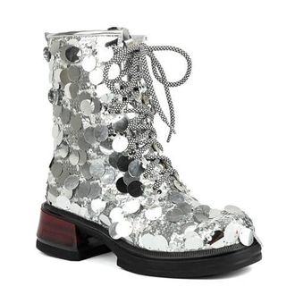 Generic Bottes de combat &agrave; paillettes pour femme - &Agrave; lacets - Bout rond - Plateforme - Talons &eacute;pais - Tendance - Pour lhiver - Pour f&ecirc;te et danse, Argent&eacute;., 3