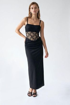 Mixray &Auml;rmelloses Satin-Maxikleid mit quadratischem Ausschnitt