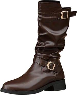 Generic Bottes mi-mollet pour femme &agrave; talon bas confortables pour lext&eacute;rieur - &Eacute;l&eacute;gantes - Fermeture &eacute;clair lat&eacute;rale - Boucle &agrave; talons &eacute;pais - Bottes d&eacute;quitat